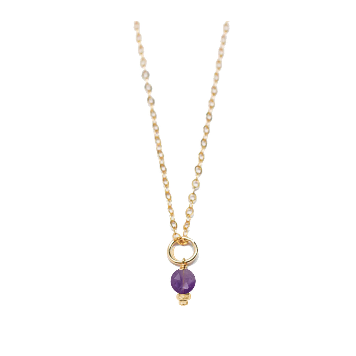 February Amethyst Charm Necklace Triplet Bar Gold Rondelle
